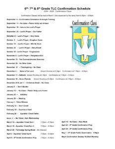 2024-2025 Confirmation Schedule - Tallmadge Lutheran Church, Tallmadge Ohio